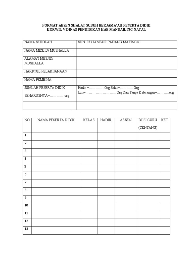 Format Absen Shalat Subuh Berjama | PDF