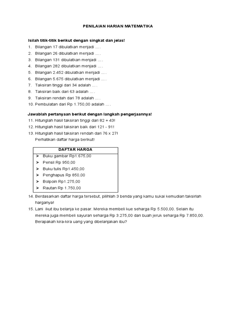 Penilaian Harian Matma KD 3.3 | PDF