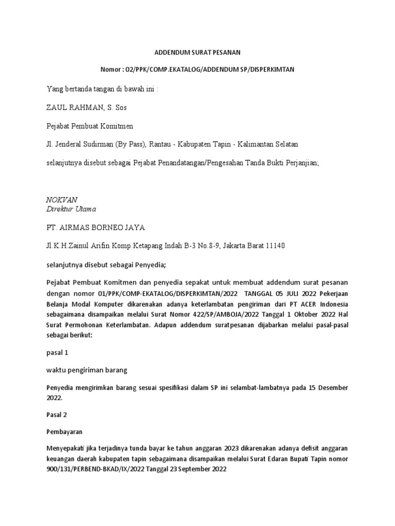 ADDENDUM SURAT PESANAN | PDF