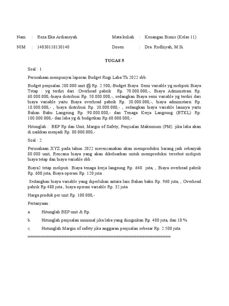 Reza Eka Ardiansyah - 14030118130140 - Tugas 5 - Keubis Kls 11 | PDF