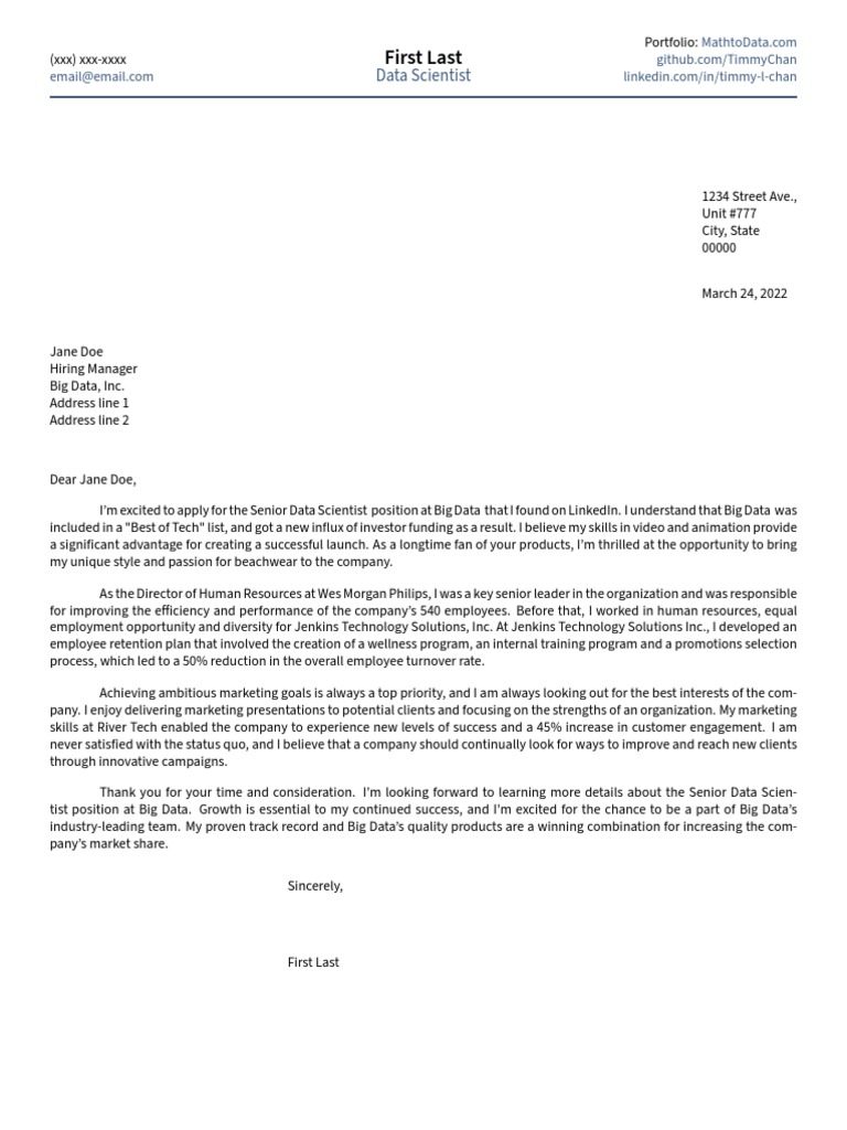 Senior Data Scientist Application Letter | PDF | Big Data | Employment