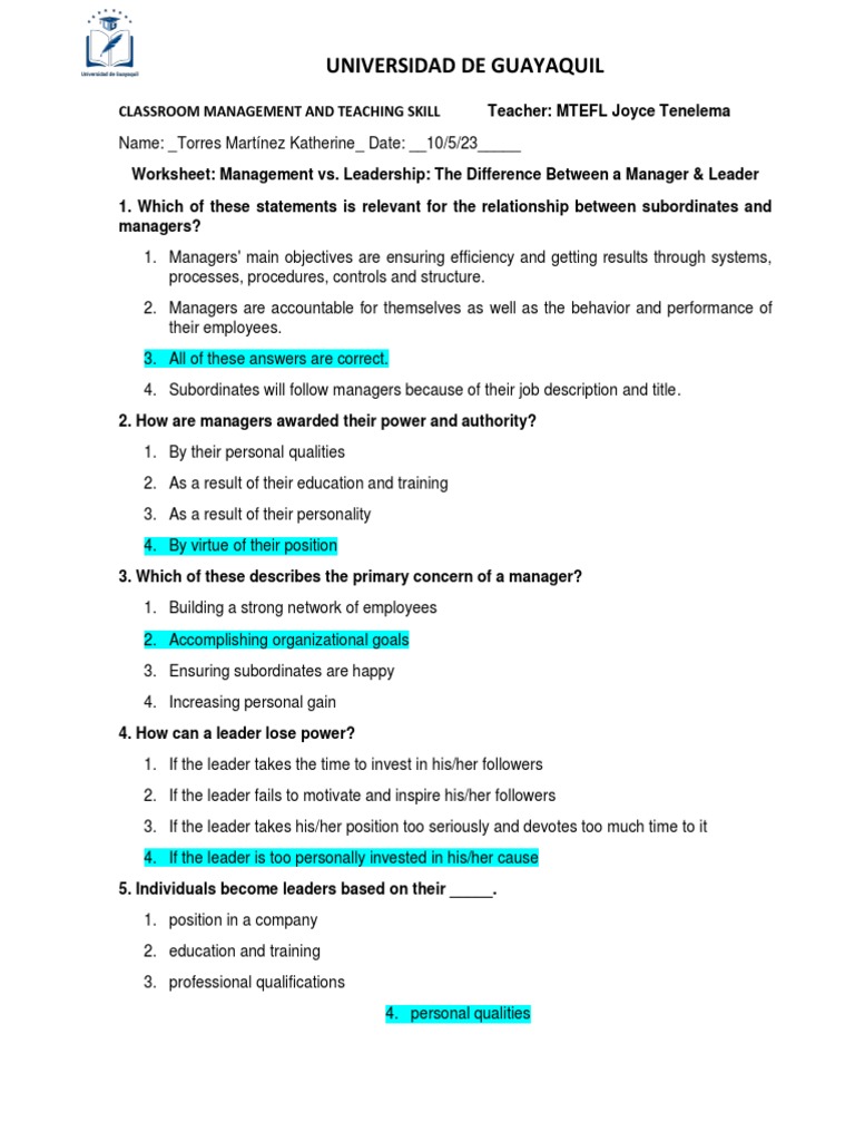 Worksheet - Management vs. Leadership - The Difference Between A ...
