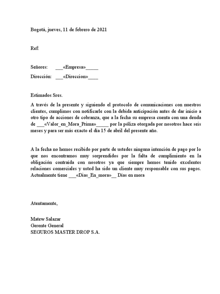 Carta de Cobranza de Deuda Vencida | PDF | Finanzas y dinero