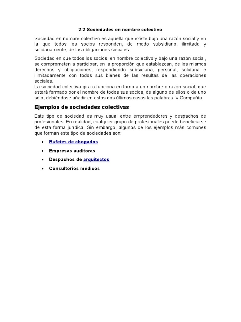 Ejemplos de Sociedades Colectivas: 2.2 Sociedades en Nombre Colectivo | PDF