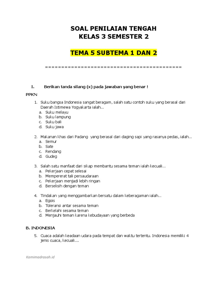 SOAL PTS KELAS 3 (Tema 5 Sub 1 2) - Kamimadrasah | PDF