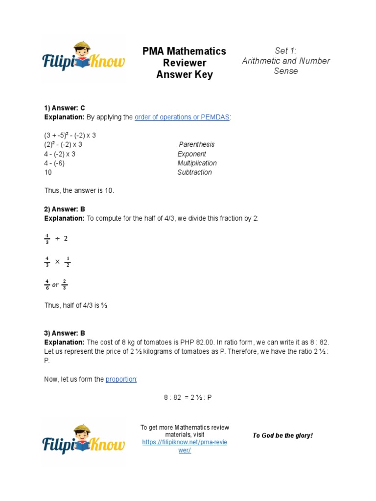 PMA Mathematics Reviewer Set 1 Answer Key | PDF | Ratio | Multiplication