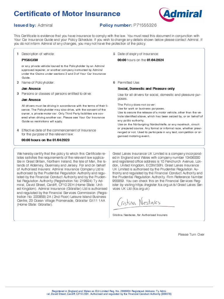 Certificate of Motor Insurance PDF | PDF | Vehicle Insurance | Insurance