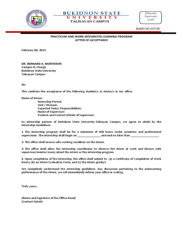 Form 08 Sample Letter of Agency Acceptance@edit | PDF