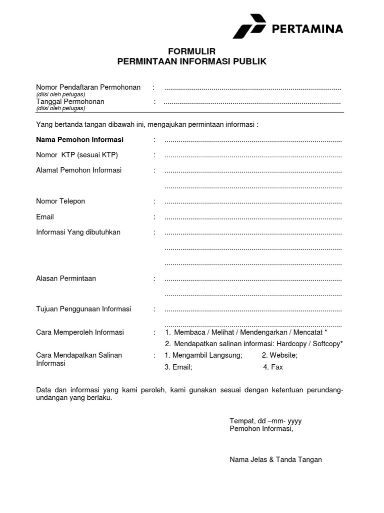 Formulir Permohonan Data Dan Informasi Pertamina PDF | PDF