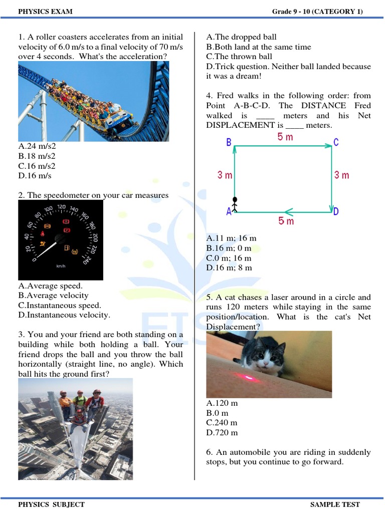 Physics Category 1 9th - 10th Grades SAMPLE TEST | PDF | Mass | Weight