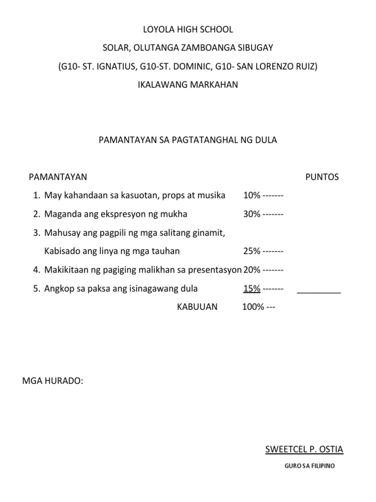 Pamantayan Sa Pagtatanghal NG Dula | PDF