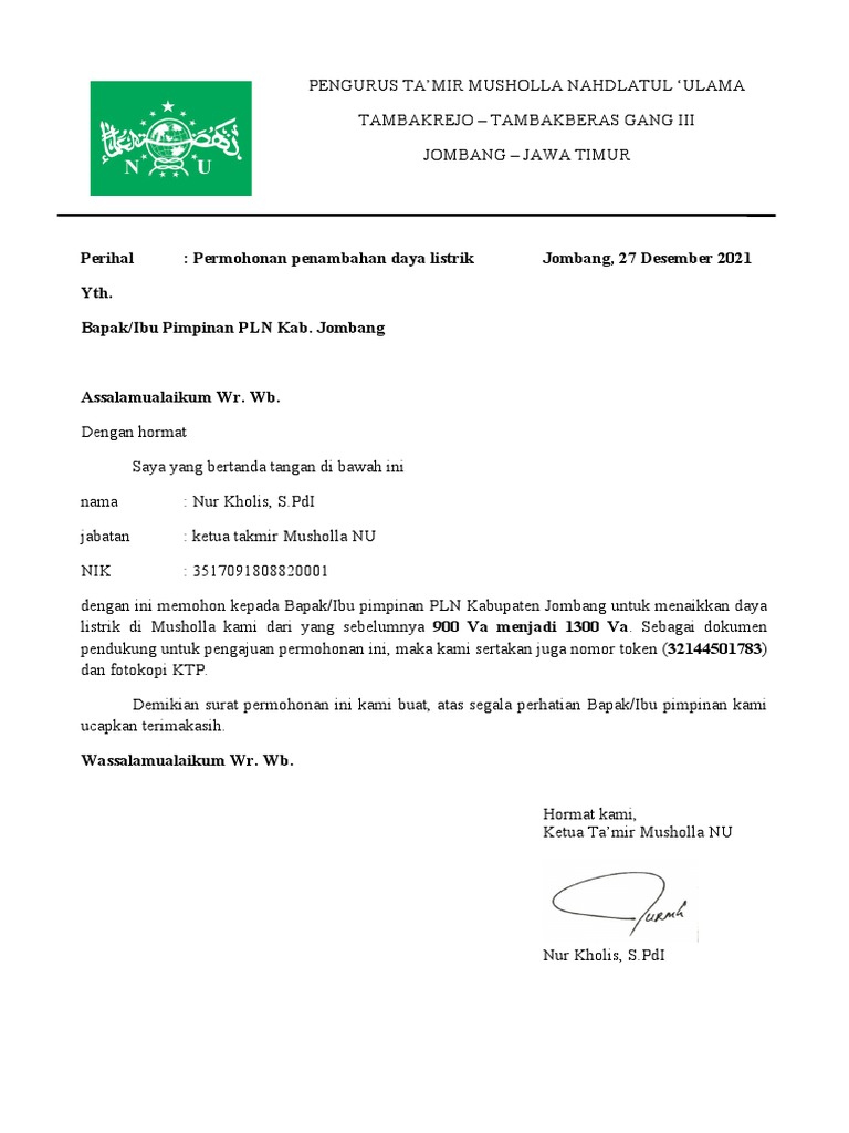 Surat Permohonan Tambah Daya | PDF