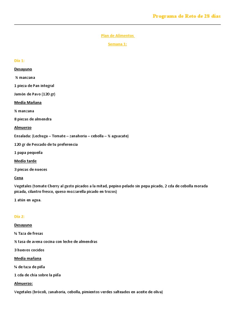 Programa de Alimentos Reto de 28 Días | PDF | ensalada | Cilantro