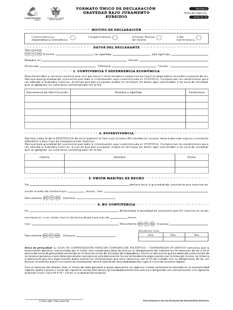 Formato Bajo Gravedad de Juramento Comfamiliar Atlantico | PDF