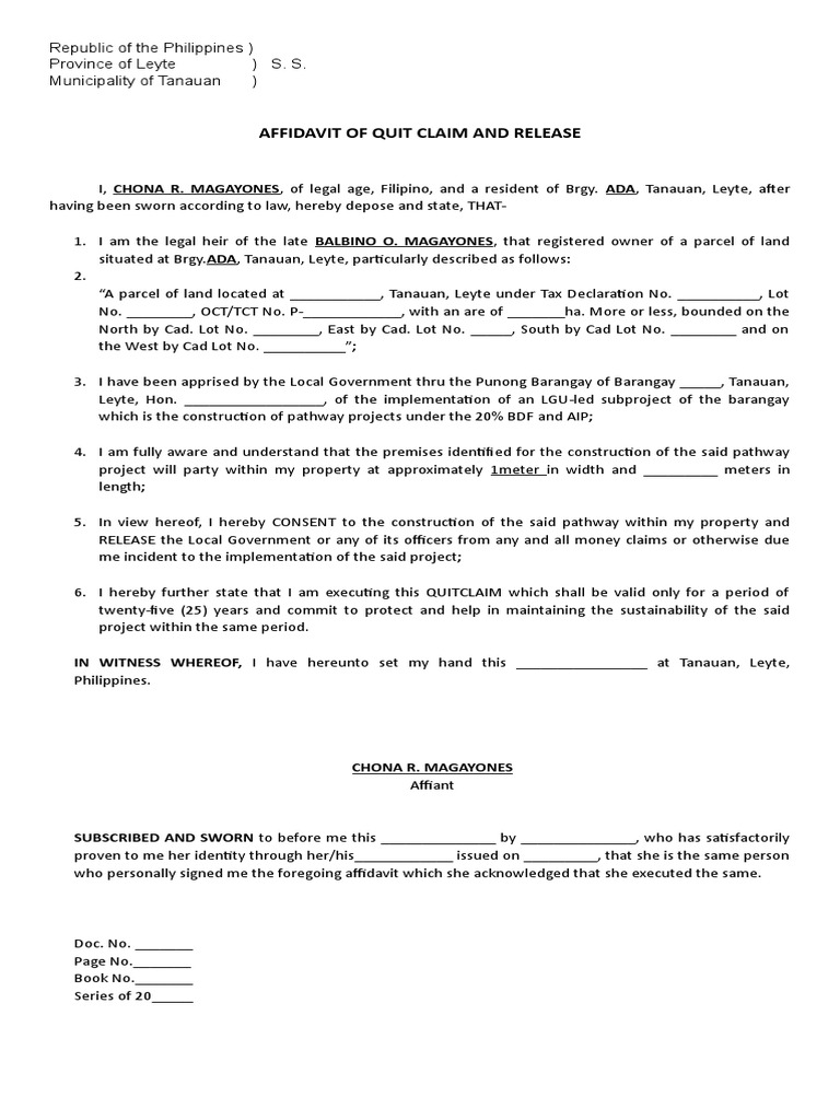 Affidavit of Quitclaim | PDF | Affidavit | Legal Procedure