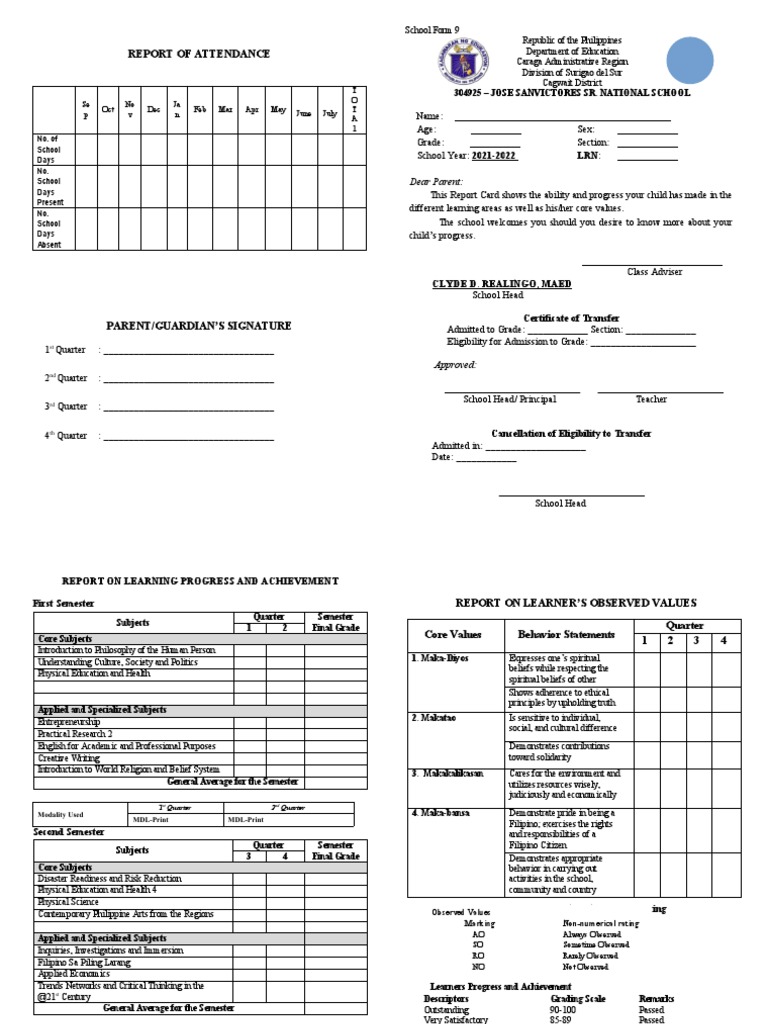 School Form 9 For SHS JSSNS | PDF | Learning | Cognition