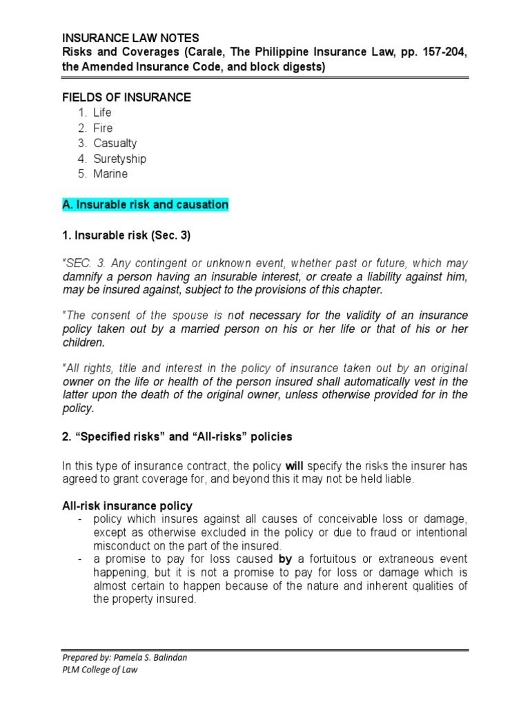 Balindan-Insurance Risks and Coverages Notes | PDF | Insurance | Life ...