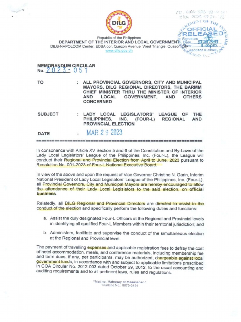 DILG MC No. 2023-051 Re Lady Local Legislators' League of The ...