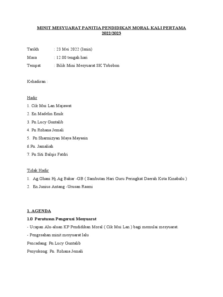 Minit Mesyuarat Moral Kali Pertama Mei 2022 | PDF