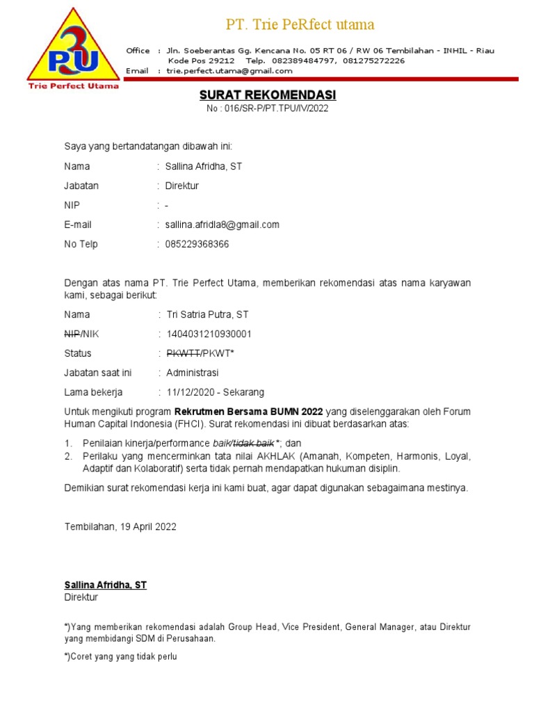 Rekomendasi Karyawan PT. Trie Perfect Utama | PDF | Karier & Perkembangan