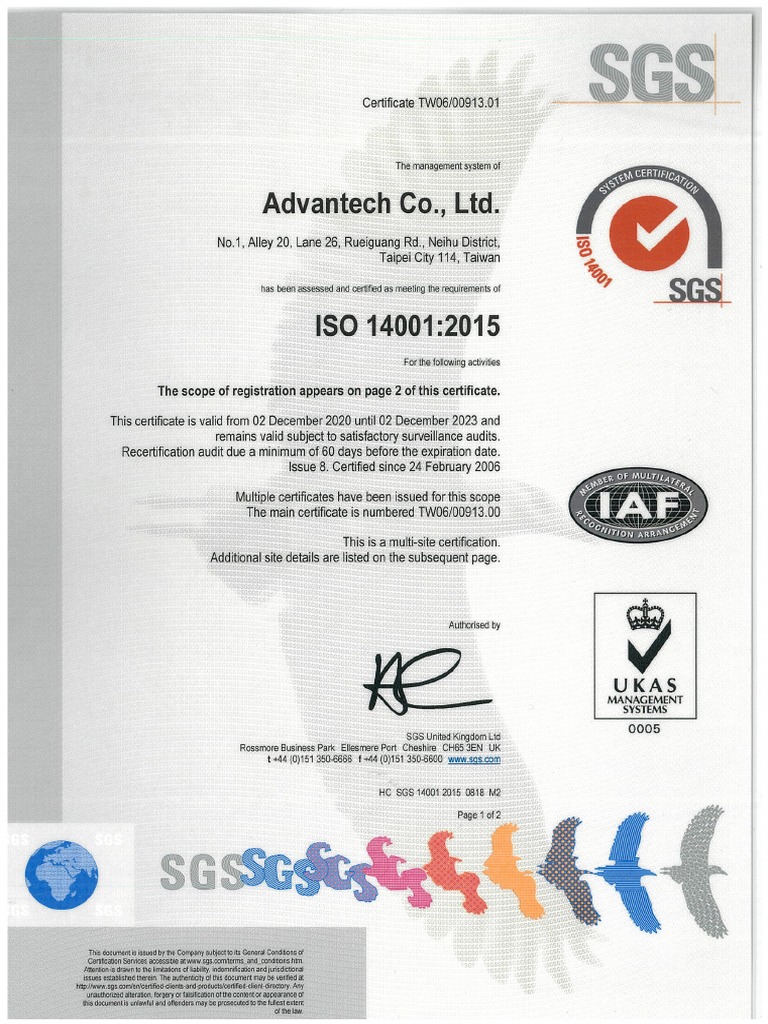 advantech iso 14001 certificatev2 | PDF