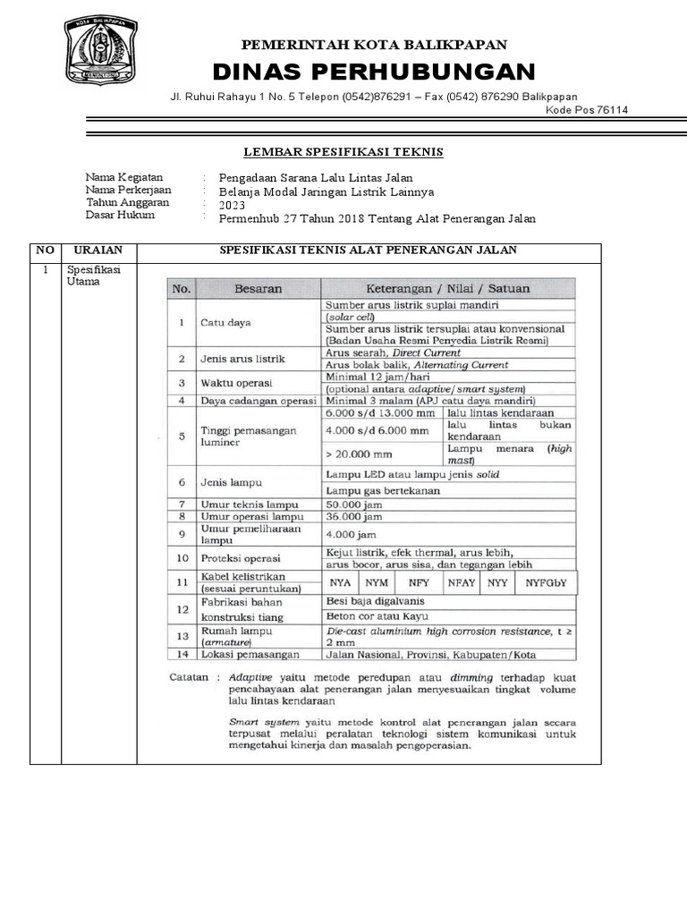 Lembar Spek Teknis PJU | PDF