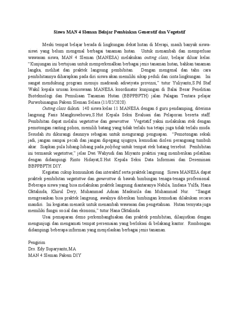 Siswa MAN 4 Sleman Belajar Pembiakan Generatif Dan Vegetatif | PDF ...