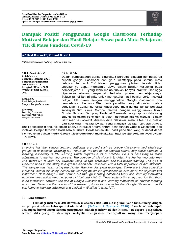 Dampak Positif Penggunaan Google Classroom Terhadap Motivasi Belajar Dan Hasil Belajar | PDF