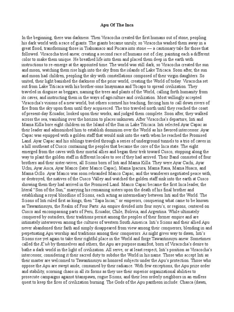 Inca Mythology: Viracocha and Inti's Legacy | PDF | Inca Empire