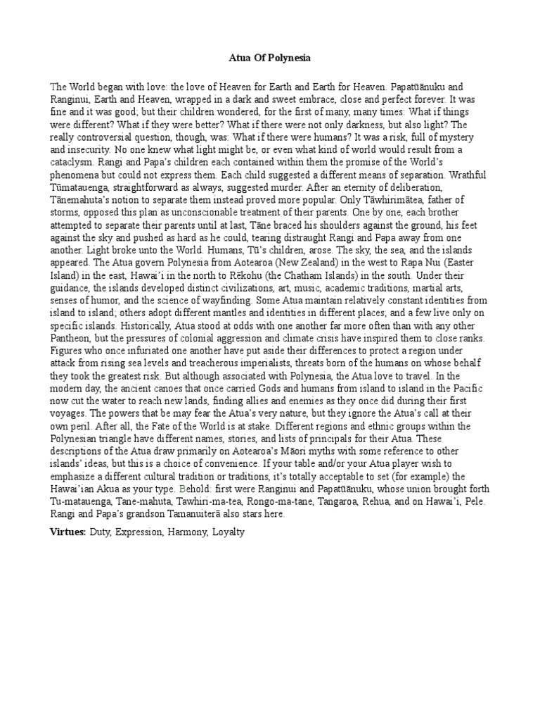 Atua (Polynesian) Pantheon For Scion 1e | PDF