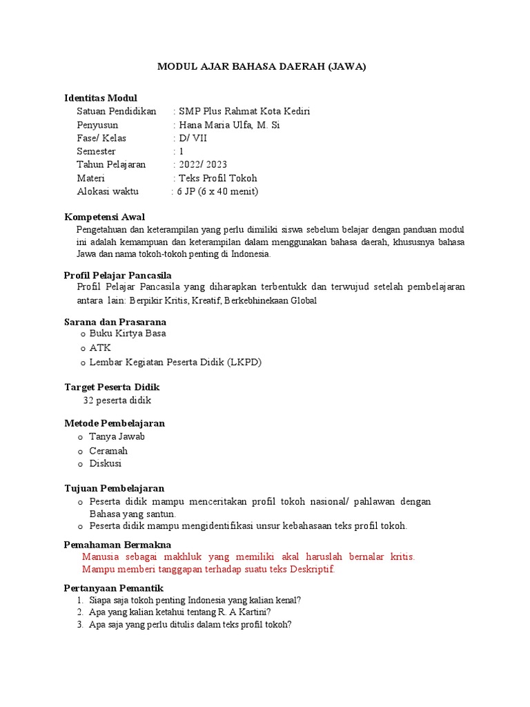 Modul Ajar Bahasa Daerah 7 - 2 | PDF