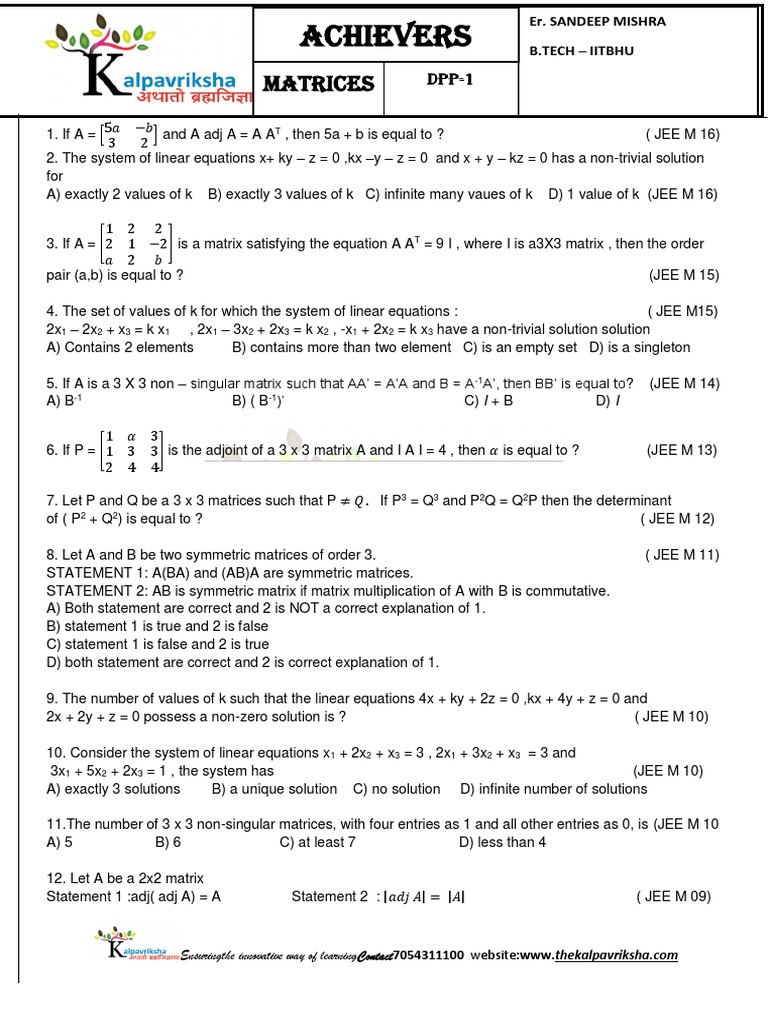 Matrices - Sheet 1 PDF | Download Free PDF | Matrix (Mathematics ...