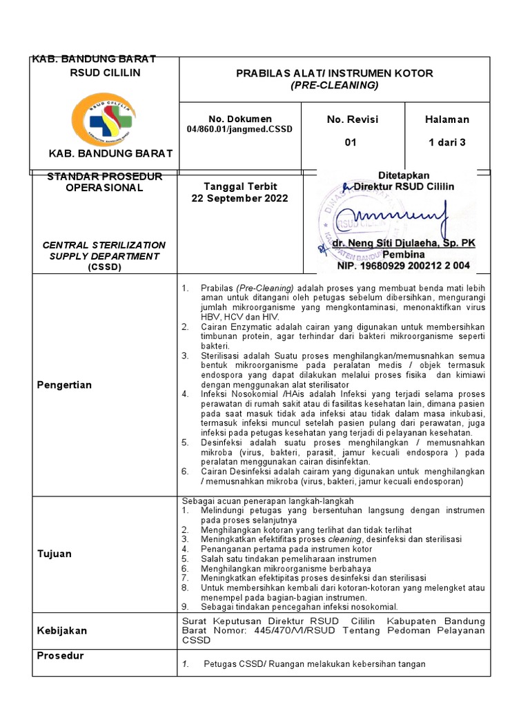 SOP Prabilas Alat Instrumen Kotor (Precleaning) | PDF | Kesehatan Holistik