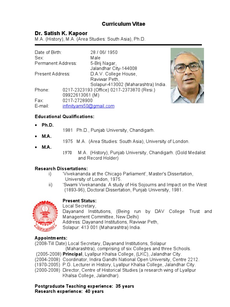 Satish K Kapoor CV 2011 | PDF | Swami Vivekananda | Punjab
