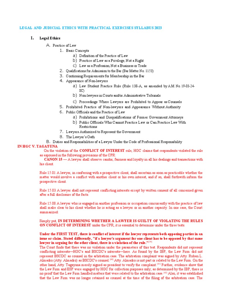 Legal and Judicial Ethics Syllabus 2023 | PDF | Lawyer | Conflict Of Interest