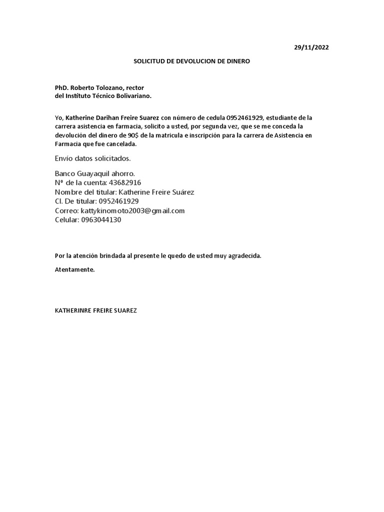 2º Solicitud de Devolucion de Dinero | PDF