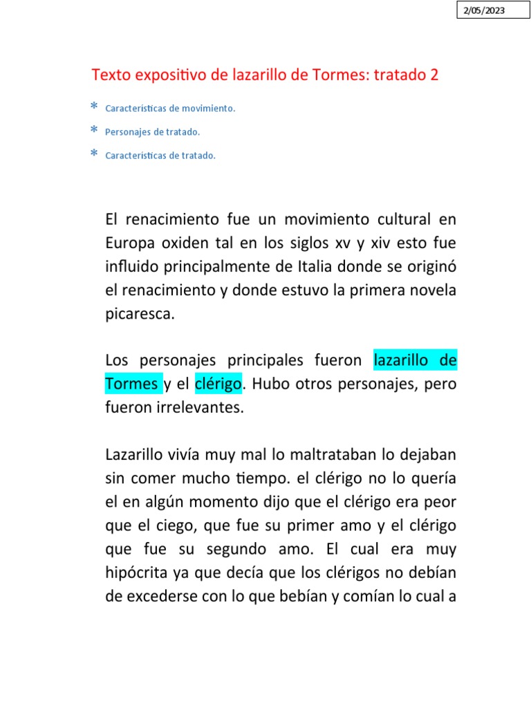 Texto Expositivo de Lazarillo de Tormes | PDF