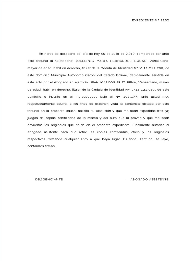 Diligencia Solicitud de Ejecucion de Sentencia de Divorcio | PDF Diligencia Solicitud de Ejecucion de Sentencia de Divorcio | PDF