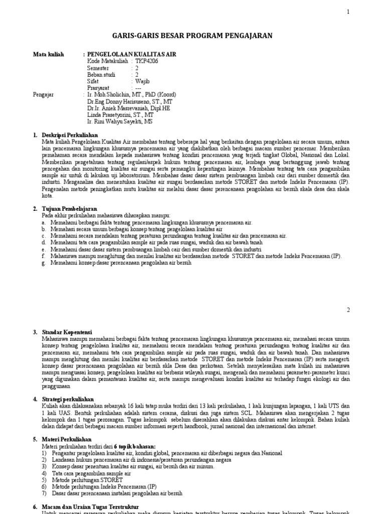 Garis Garis Besar Program Pengajaran MK Pengelolaan Kualitas Air | PDF