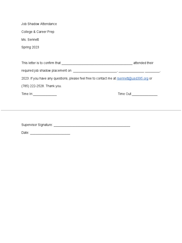 Job Shadow Attendance Form PDF | PDF