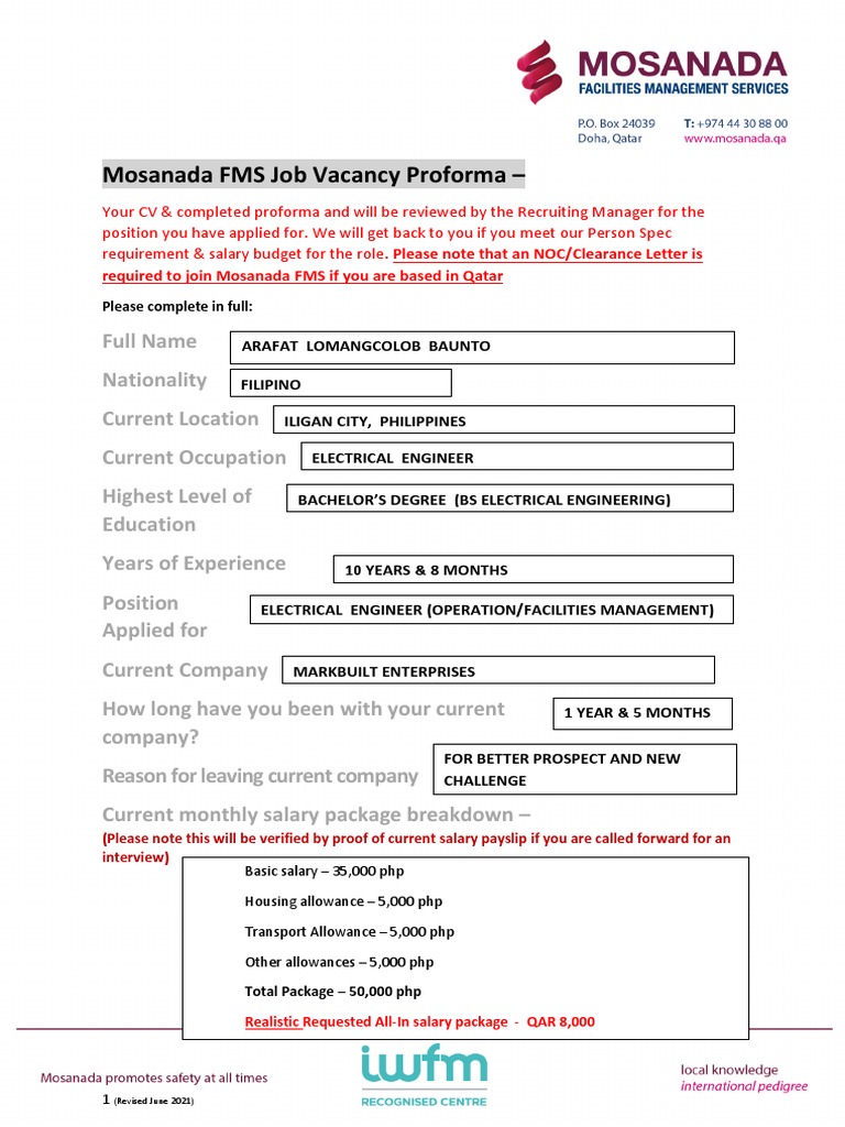 Mosanada FMS Job Vacancy Proforma | PDF