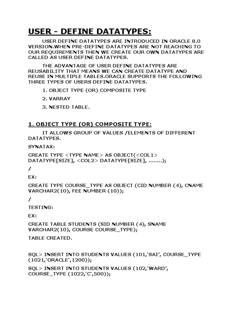 User Defined Datatypes (Oracle) | PDF | Data Type | Computer Programming User Defined Datatypes (Oracle) | PDF | Data Type | Computer Programming