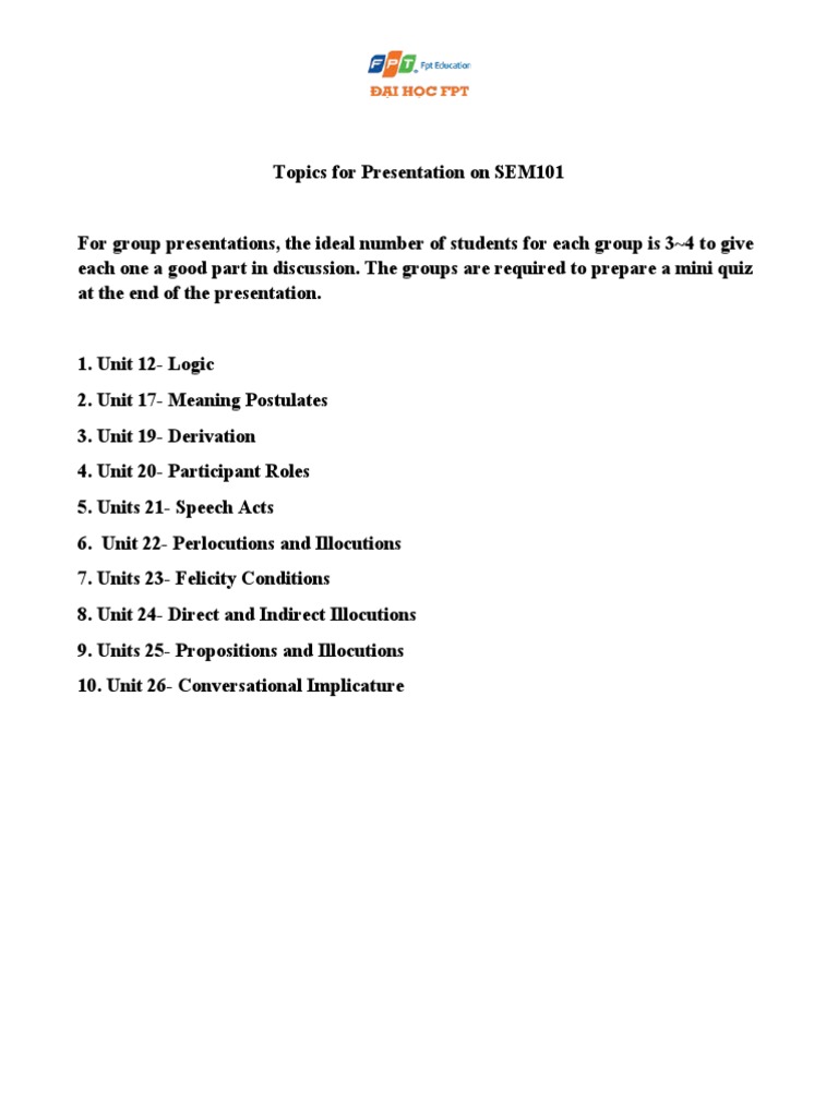 SEM101 Presentation Topics | PDF