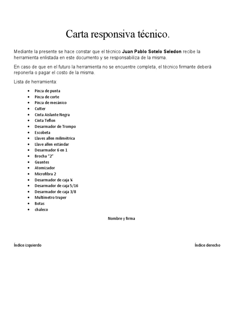 Carta Responsiva Técnico Herramienta | PDF