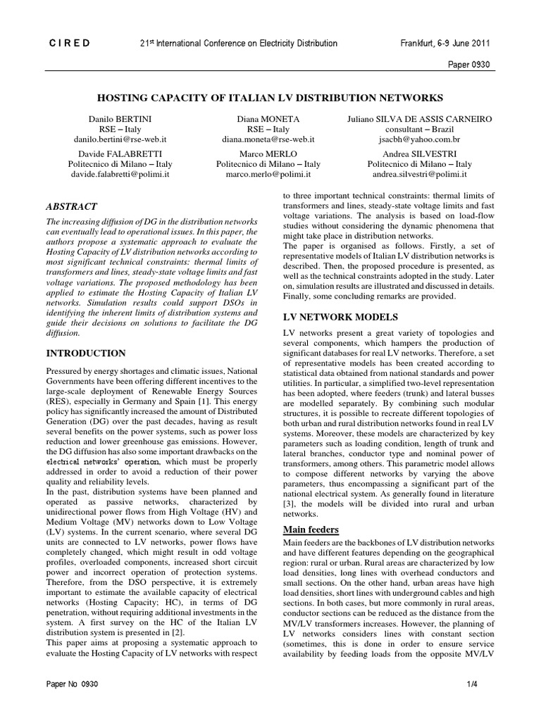 Hosting Capacity Of Italian Lv Distribution Networks Pdf Electric Power Distribution