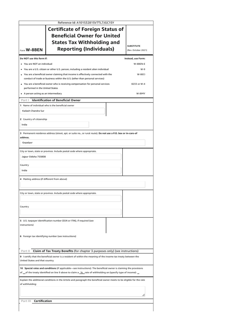 Form W-8BEN: Foreign Tax Status Certificate | PDF | Tax Treaty | Irs ...