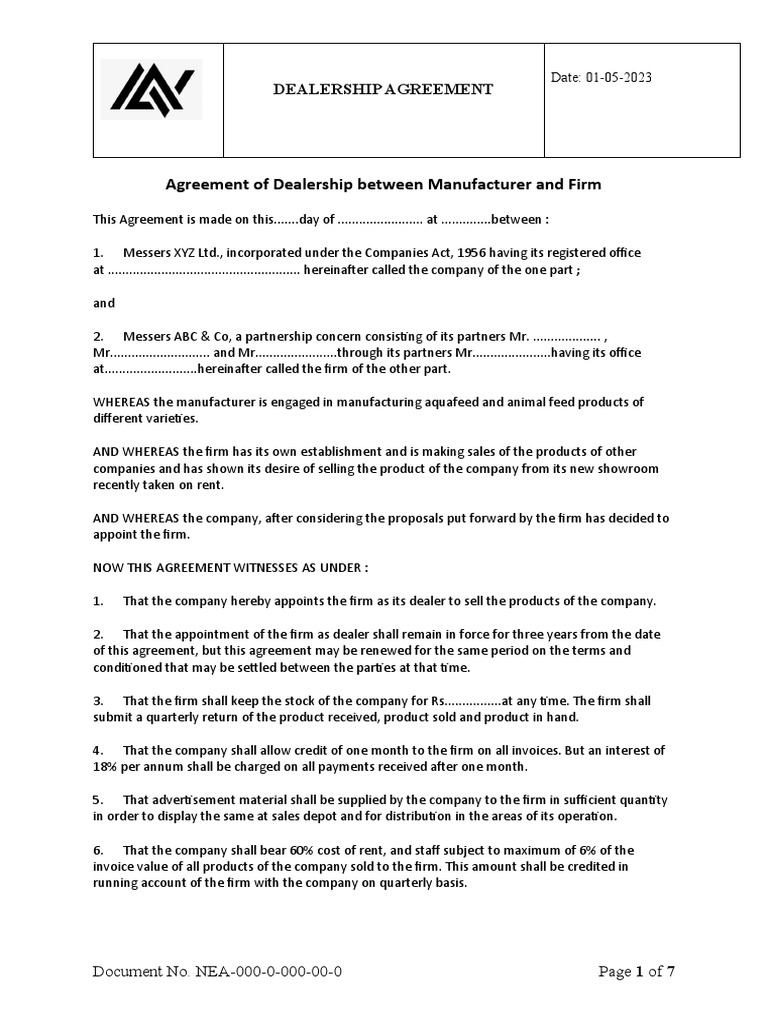 Agreement Establishing a Three-Year Dealership Between an Aquafeed and ...