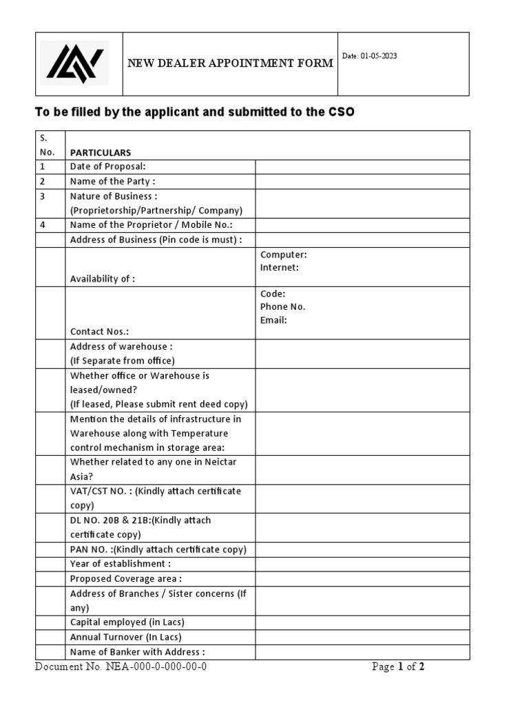 1 New Dealer Appointment Form | PDF | Business | Sole Proprietorship