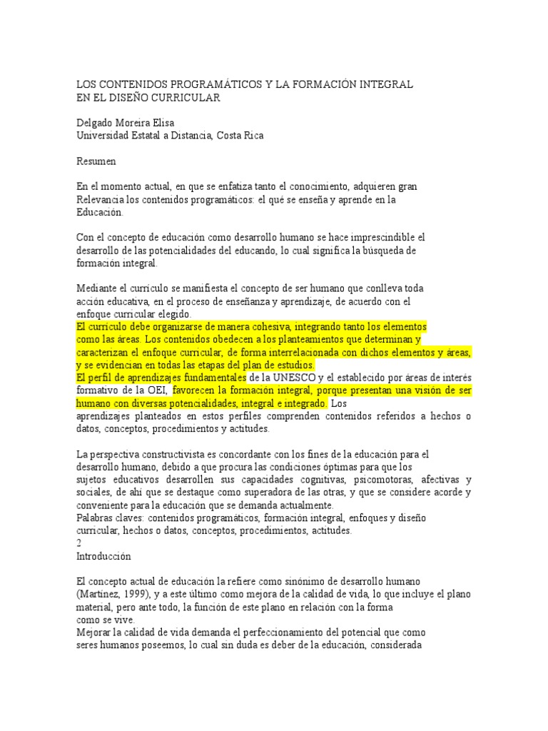 Los Contenidos Programáticos y La Formación Integral | PDF | Plan de estudios | Aprendizaje