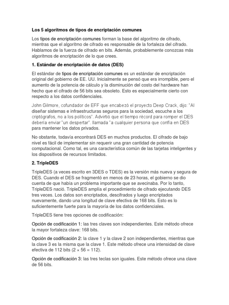 Los 5 Algoritmos de Tipos de Encriptación Comunes | PDF | Cifrado | Guerra cibernética